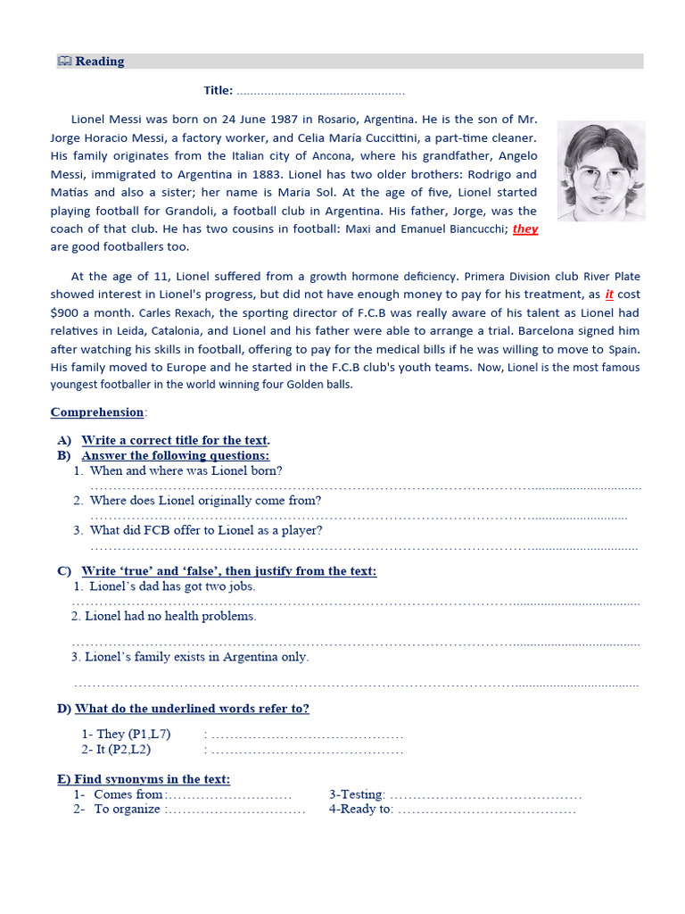 Reading About Lionel Messi Reading Comprehension Exercises - 84460 ...