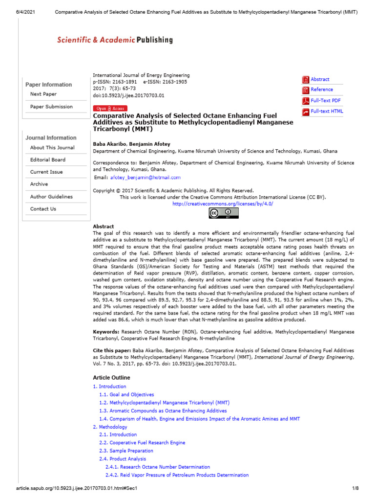 N-Methylaniline. Comparative Analysis of Selected Octane Enhancing Fuel ...