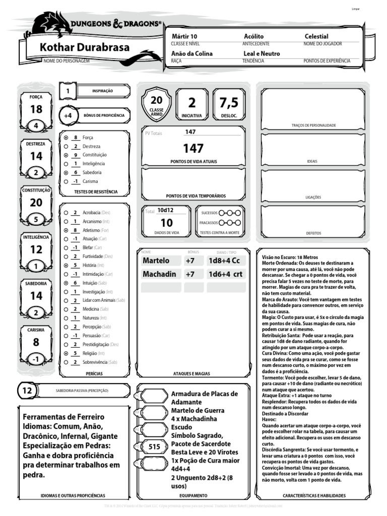 Kothar Durabrasa LVL 10 Ficha Martir DND | PDF
