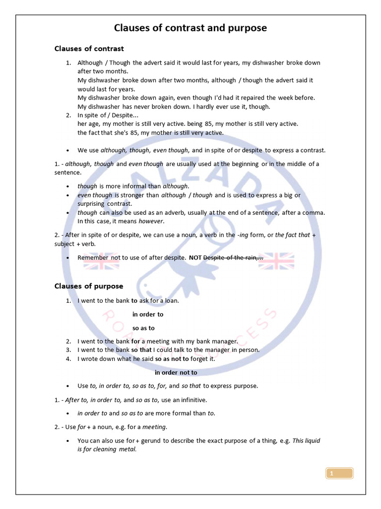Clauses of Contrast and Purpose | PDF | Verb | Grammar