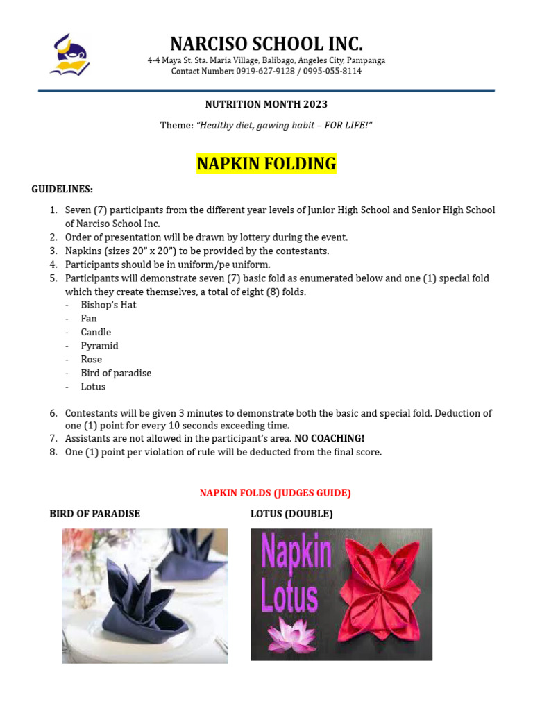 5 Pcs Napkin Folding Guidelines Criteria 3 Copies | PDF