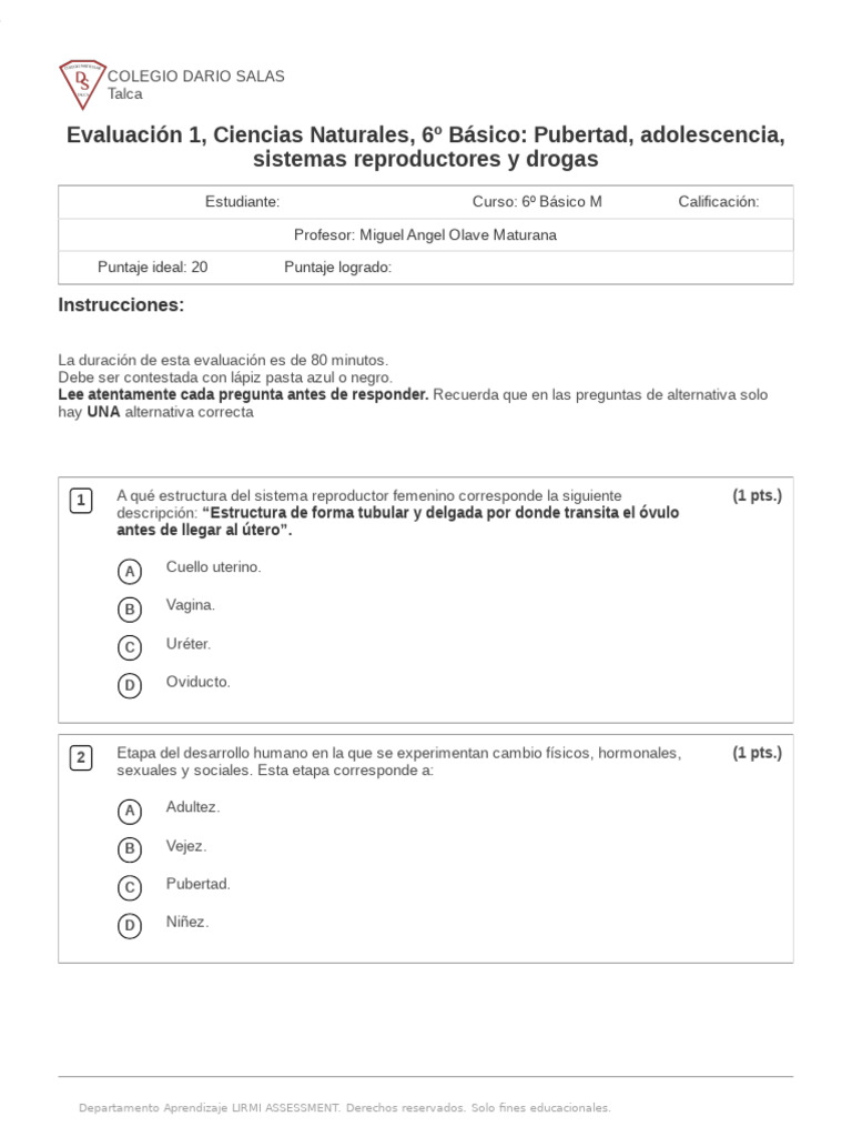 M.olave 6° Ciencias Ev1 | PDF | Sistema reproductivo | Ovario