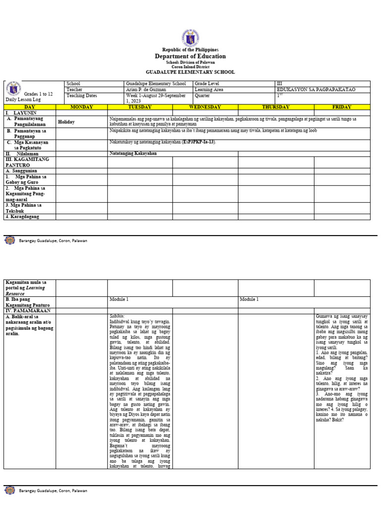 DLL Quarter 1 Week 1 ESP | PDF