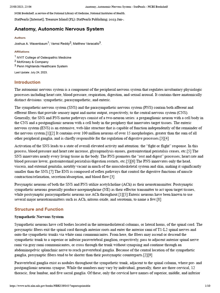 Anatomy, Autonomic Nervous System - StatPearls - NCBI Bookshelf | PDF ...