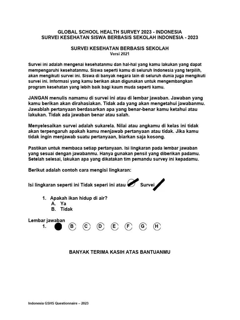Kuesioner GSHS 170223 Uji Coba | PDF