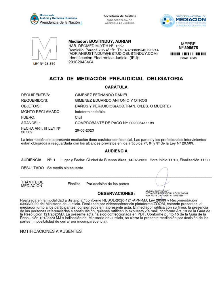 Acta de Mediacion | PDF | Mediación | Seguridad internacional