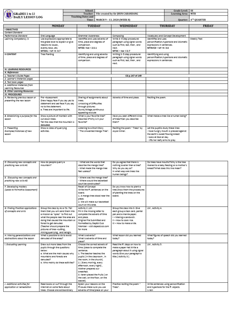 DLL - MTB 3 - Q4 - W8 | PDF | Human Communication | Learning