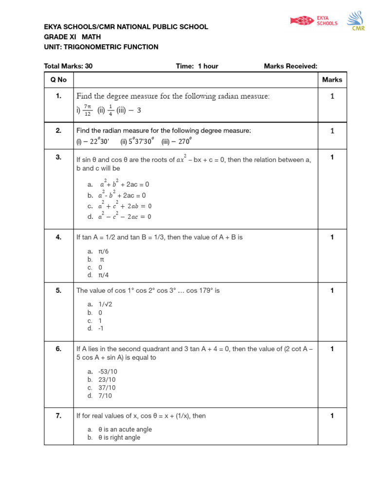 Grade XI Trigonometric Functions Chapter Test | PDF | Trigonometric ... Grade XI Trigonometric Functions Chapter Test | PDF | Trigonometric ...