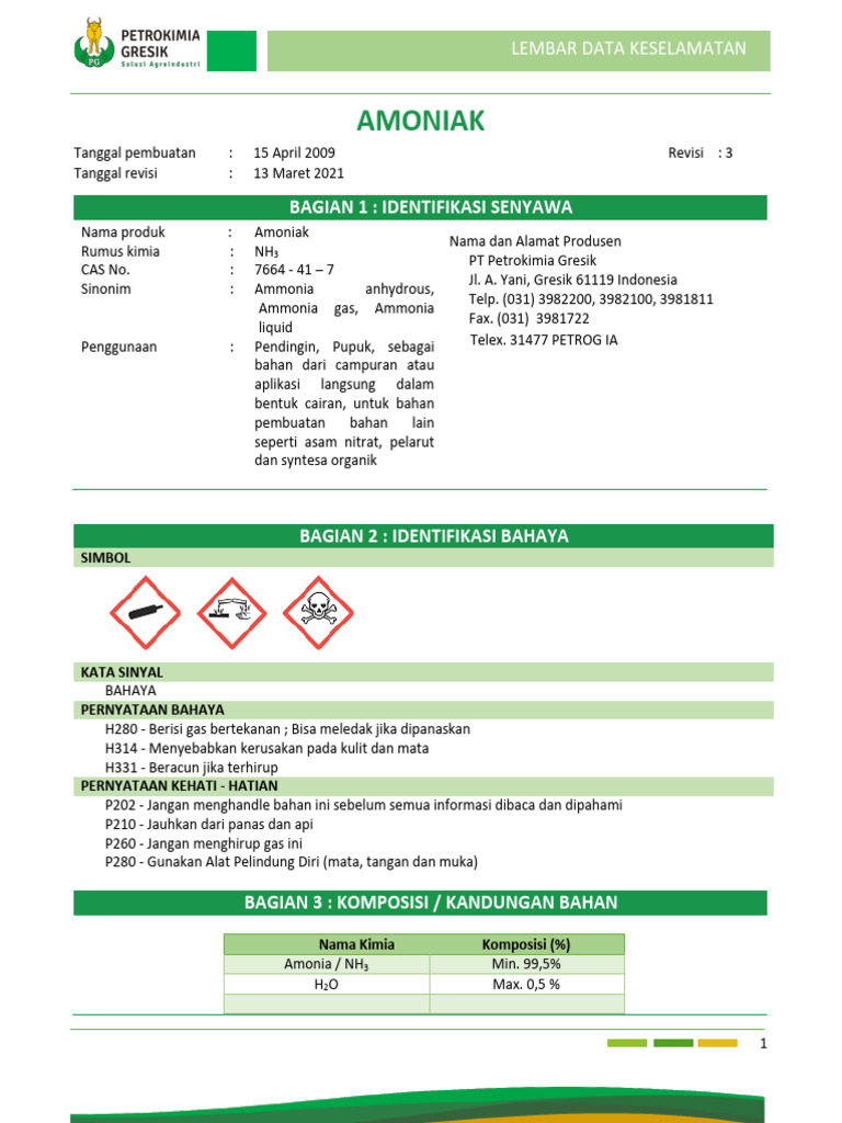 MSDS Amoniak dan Keamanan Penggunaan | PDF