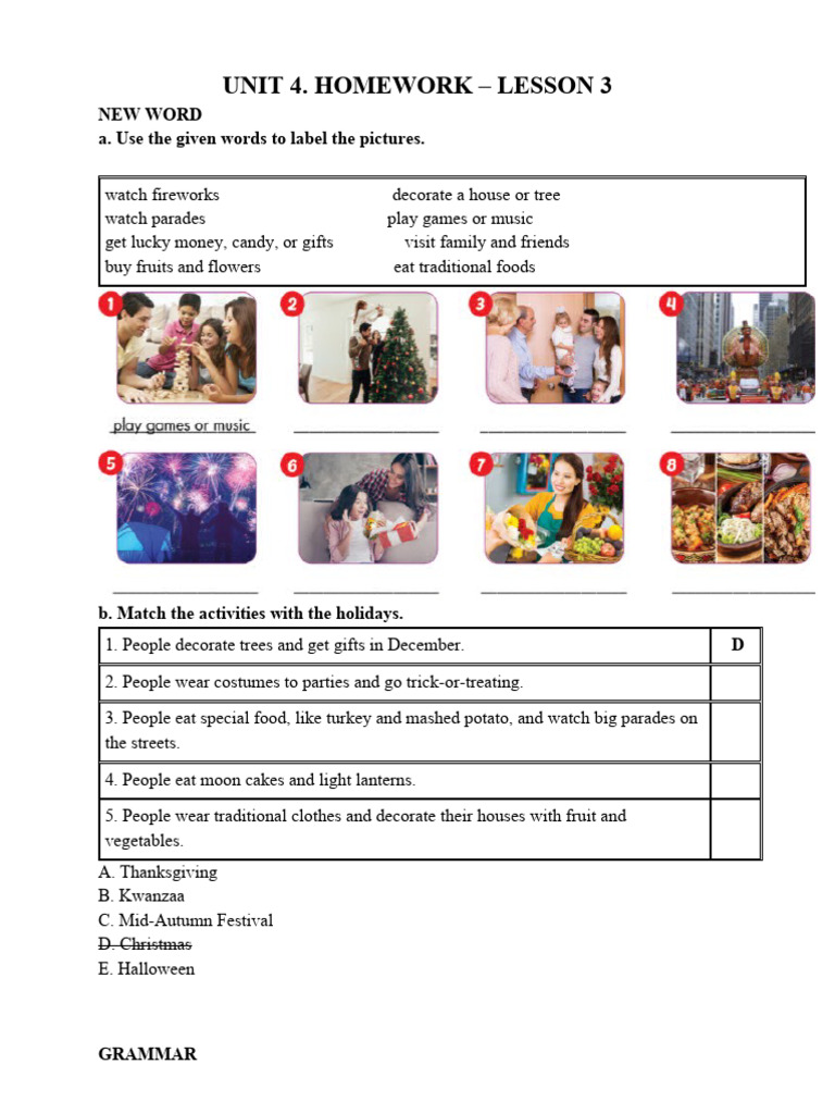 Unit 4 Homework Lesson 3 | PDF | Foods | Traditions