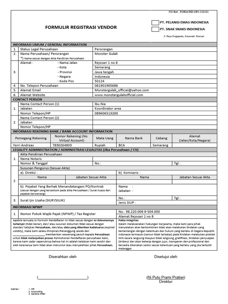 FORMPEIOPS320102 Formulir Registrasi Vendor 1 | PDF