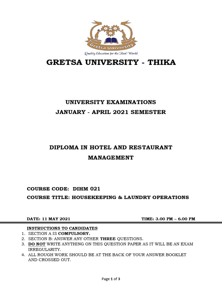 DIHM 021-Housekeeping & Laundry Operations | PDF | Housekeeping