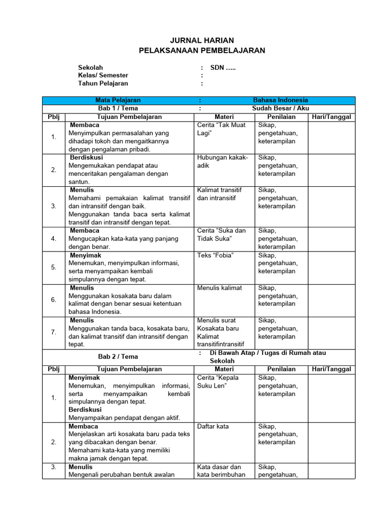 Jurnal Harian Kurikulum Merdeka | PDF
