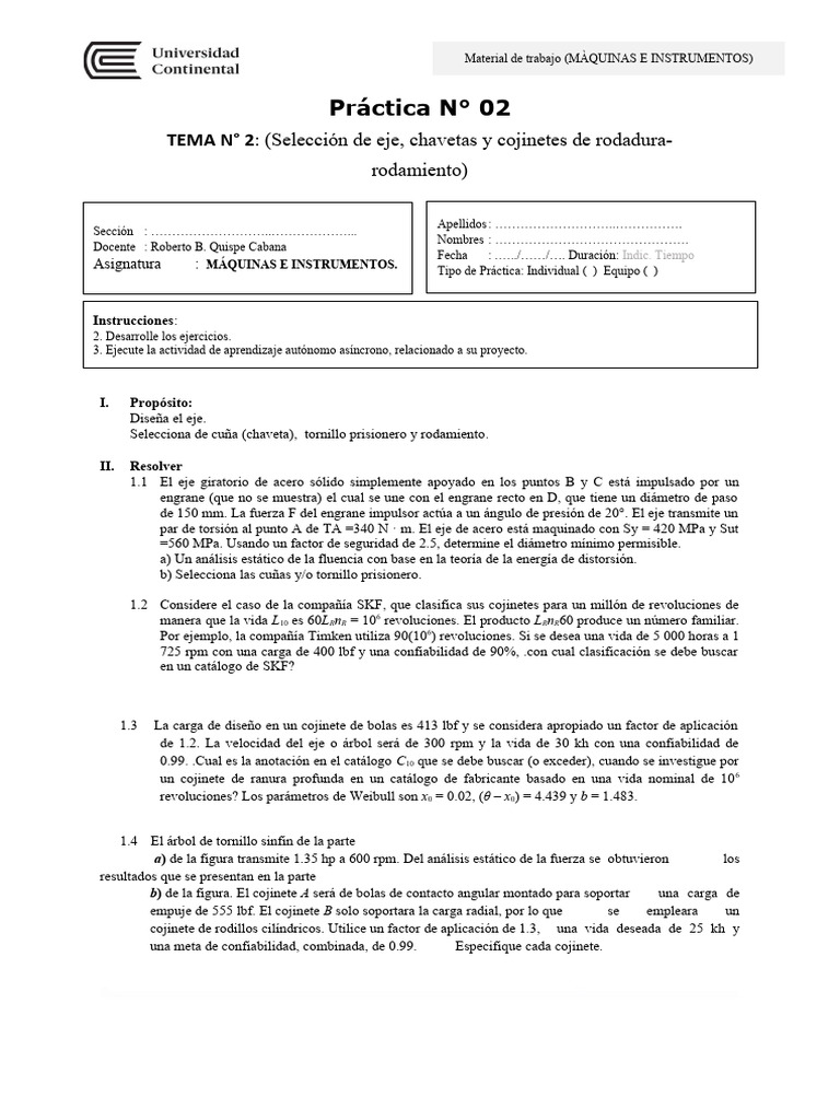 Practica 02.eje, Chaveta y Rodamiento | PDF | Rodamiento (Mecánico) | Engranaje