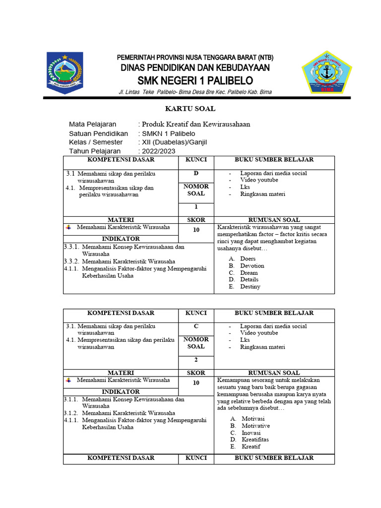 Kartu Soal PG Produk | PDF