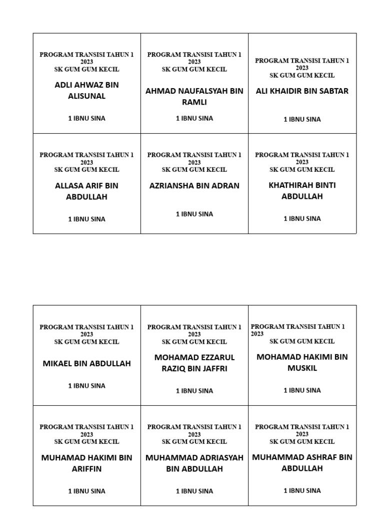 Nametag Transisi Tahun 1 2023 | PDF