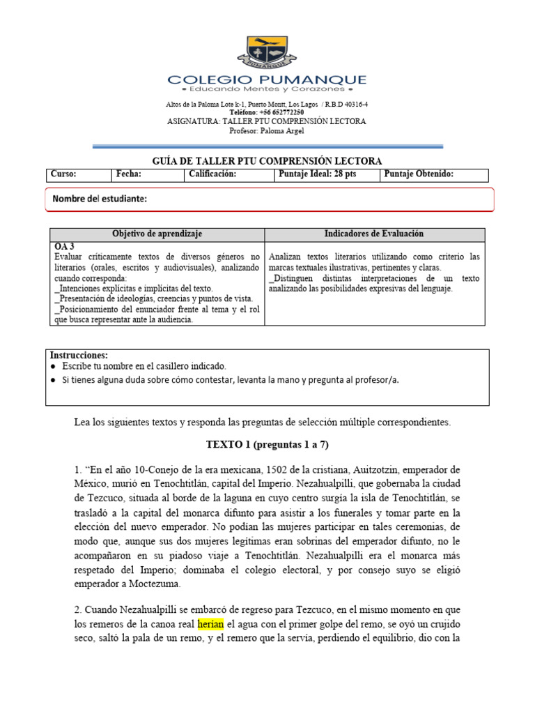 Guia n0 1 Taller Ptu Lenguaje | PDF | Don Quijote | Novelas