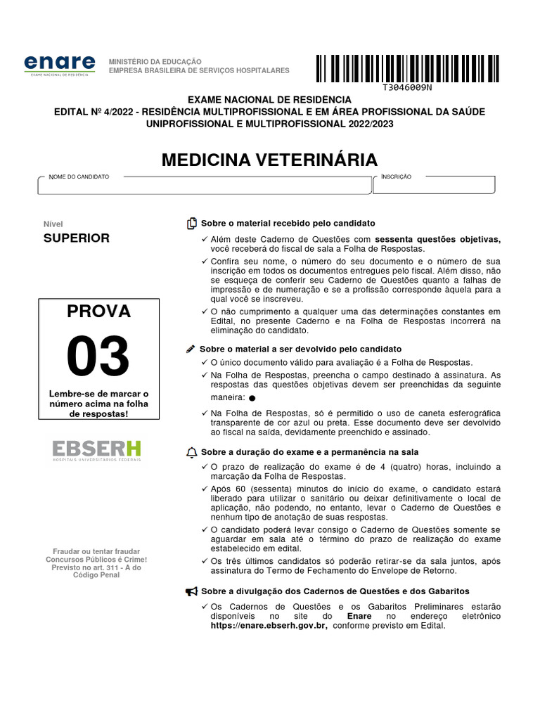 PROVA 03 ENARE 2022 Respondida | PDF | Enfermagem | Mycobacterium