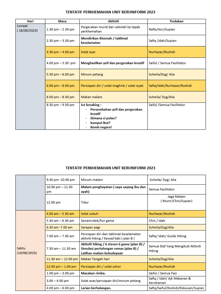 Jadwal Perkhemahan Unit Beruniform 2023 | PDF