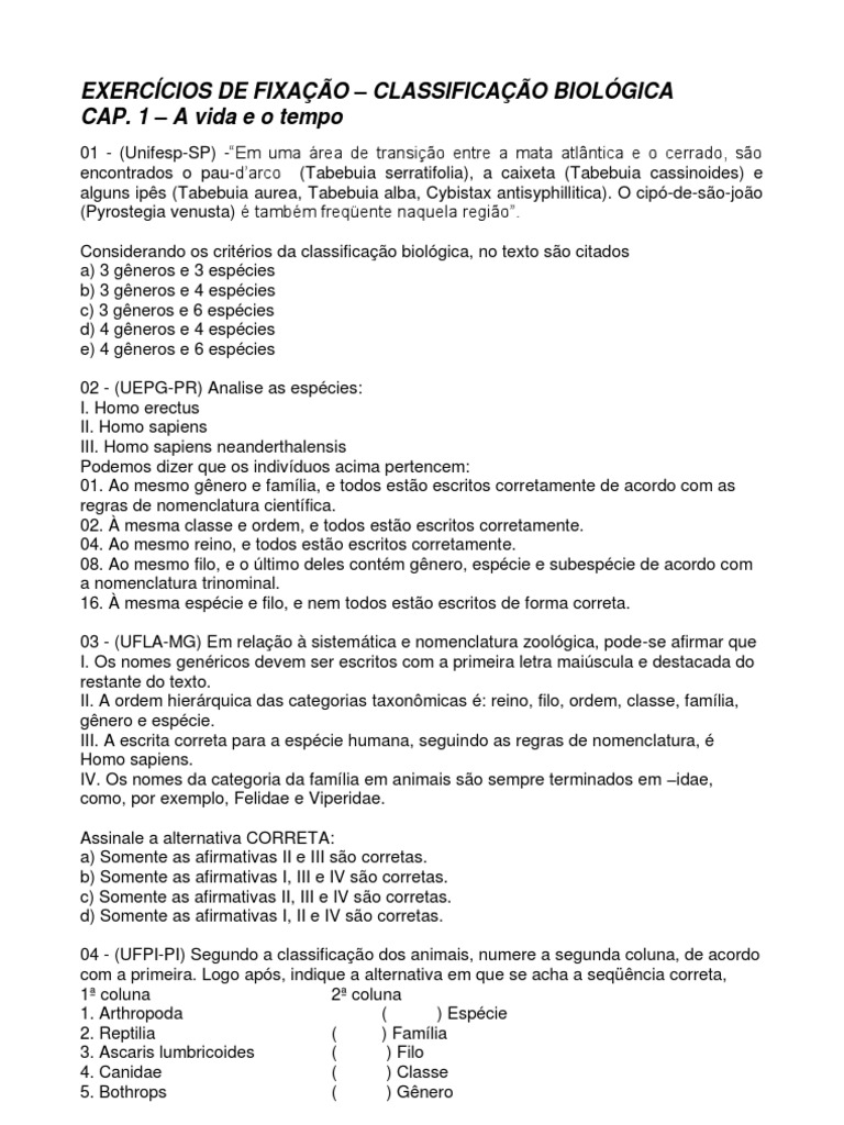 Exerc Classif Seres Vivos | PDF | Vírus | Célula (Biologia)
