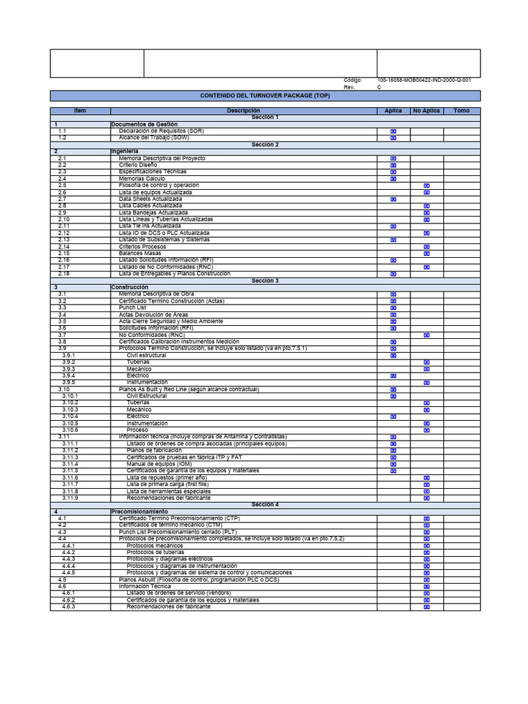 Formato - CONTENIDO DEL TURNOVER PACKAGE (TOP) | PDF | Ingeniería | Science