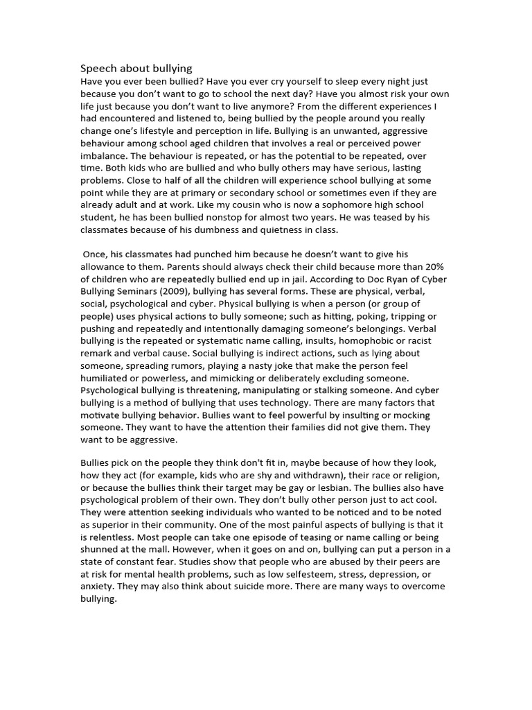 Speech About Bullying | PDF | Bullying | Social Psychology