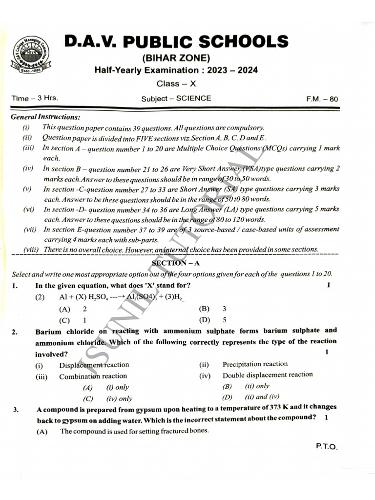 10th Science Dav QP Half Year Exam 2024 20230913 | PDF