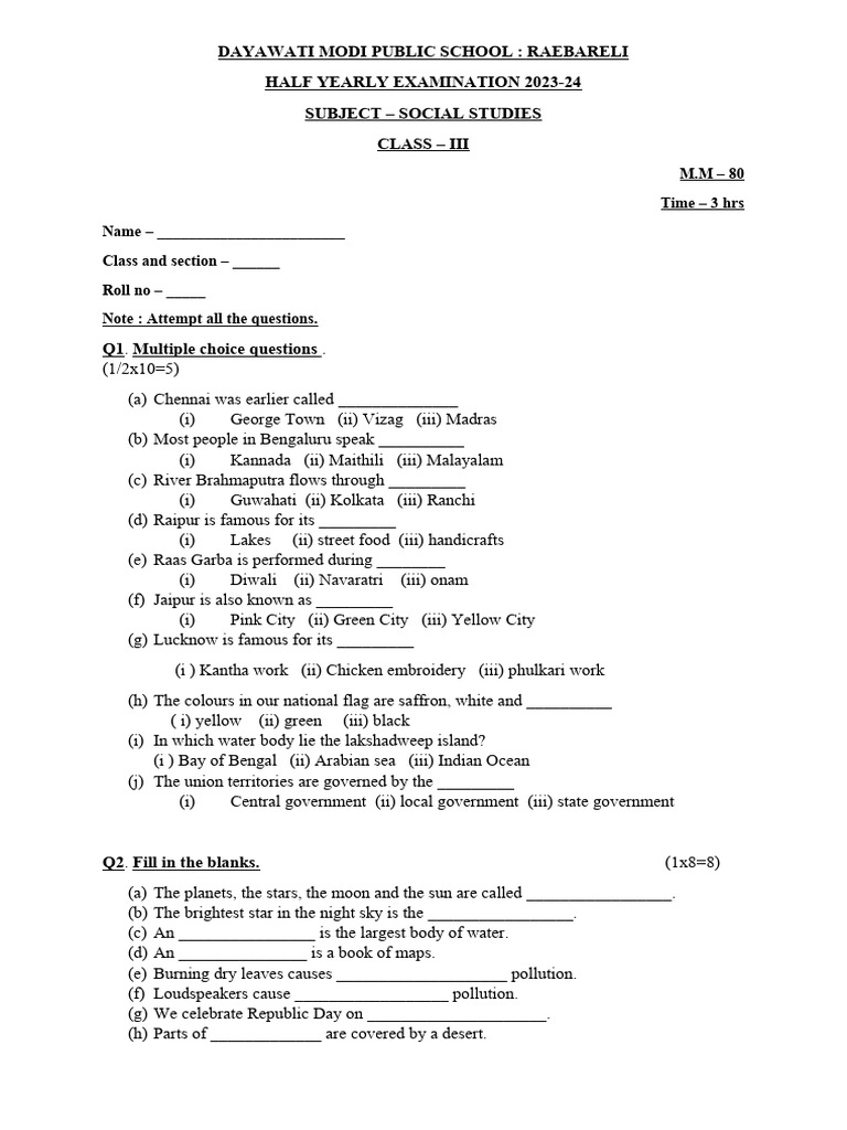 Half Yearly Paper of Class 3 - SST | PDF