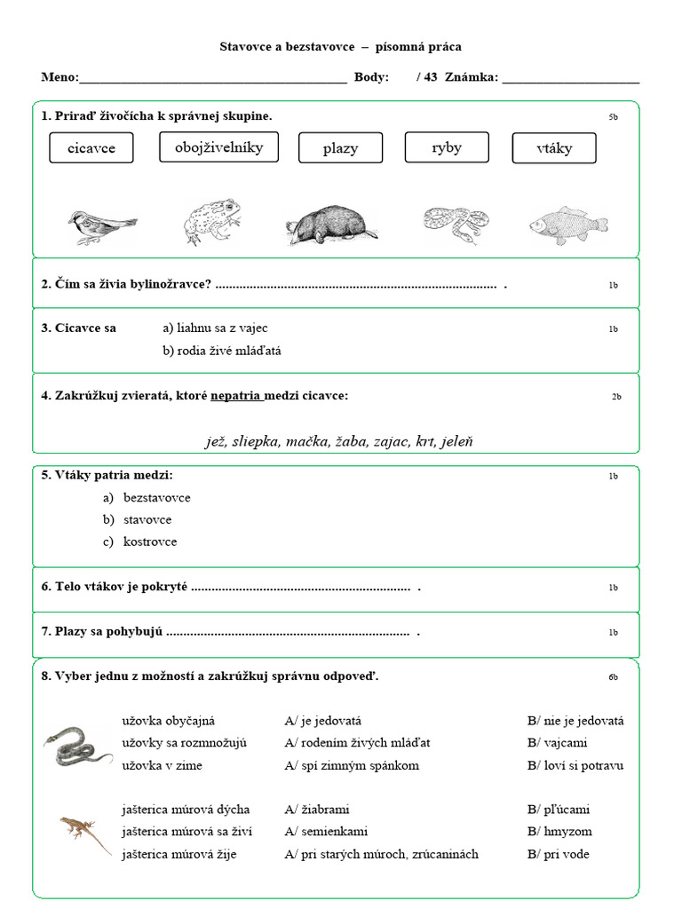 Stavovce A Bezstavovce Opakovanie | PDF