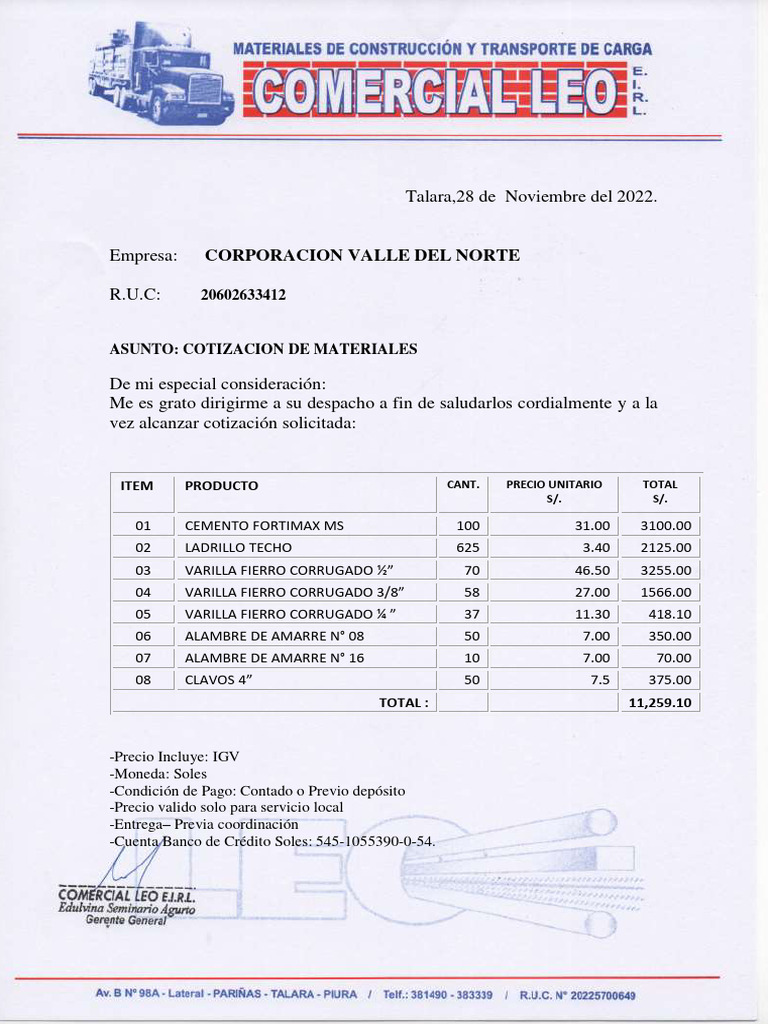 Cotización Materiales Construcción | PDF