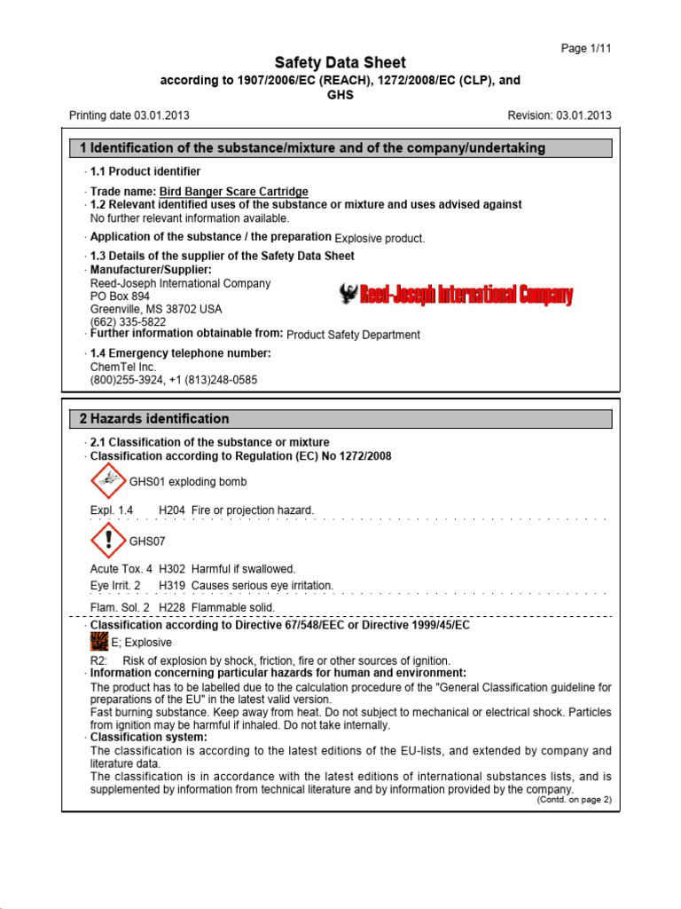 MSDS Bird Banger 1-3-13 (1) | PDF | Firefighting | Toxicity