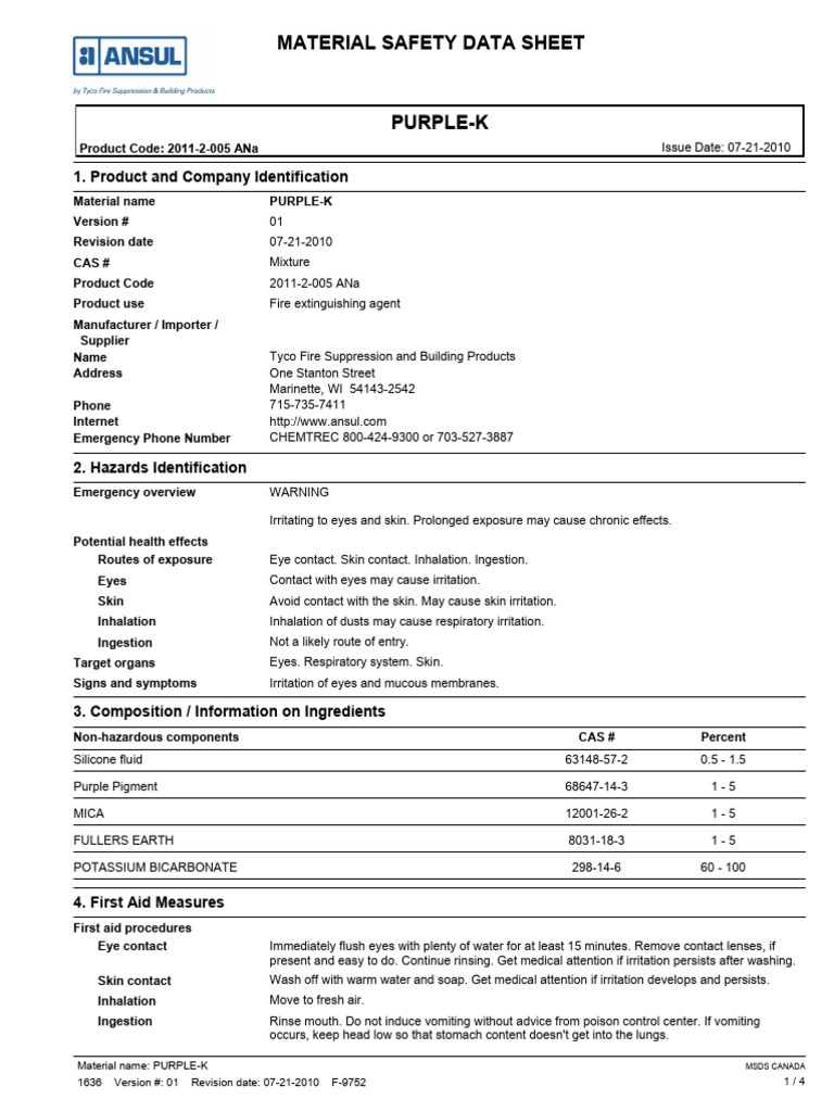 Purple-K MSDS | PDF | Firefighter | Personal Protective Equipment