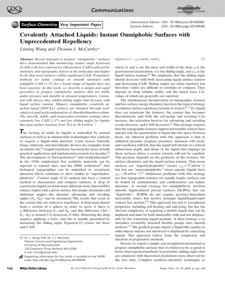 Covalently Attached Liquids-Instant Omniphobic Surfaces With | PDF ...