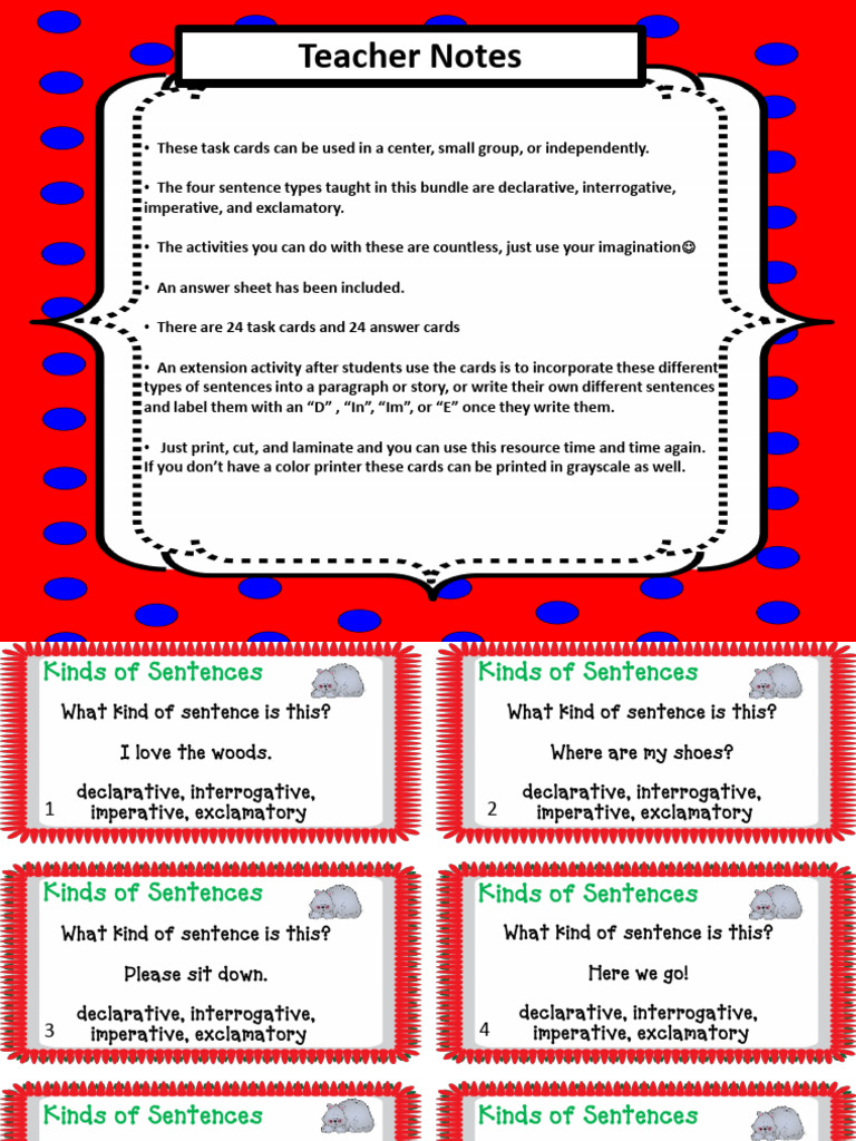 Kinds of Sentences Cards | PDF | Linguistics | Semantic Units