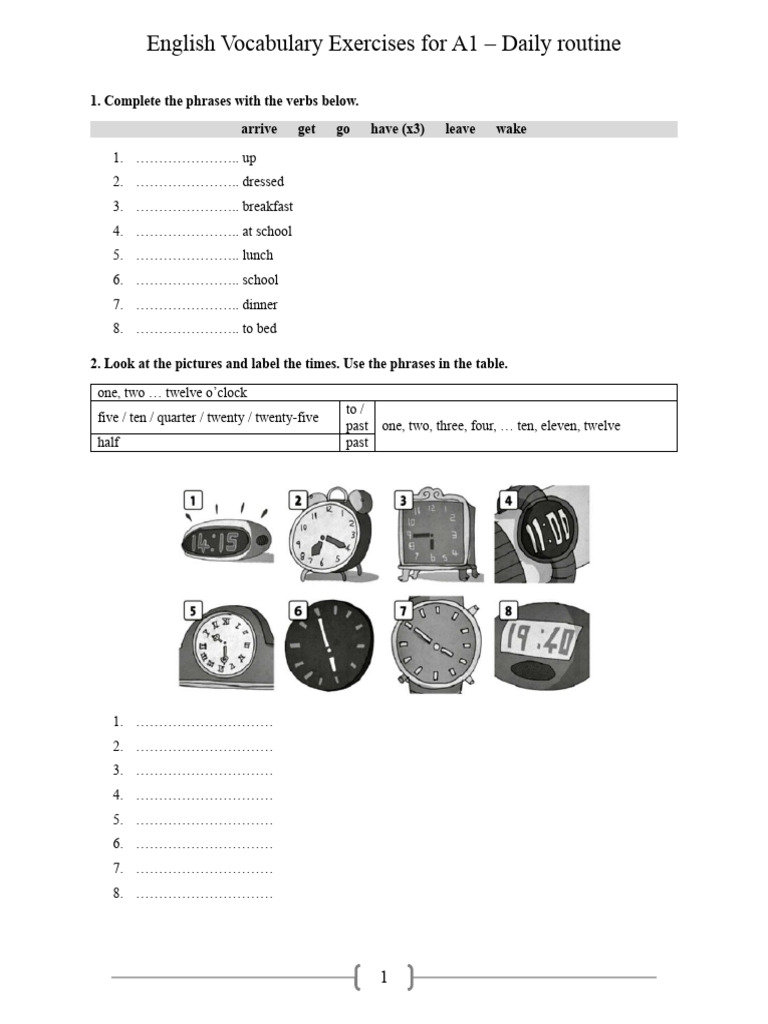 English Vocabulary Exercises For A1 - Daily Routine | PDF | Linguistics ...
