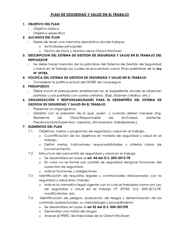 Estructura para Plan de Seguridad y Salud en El Trabajo | PDF