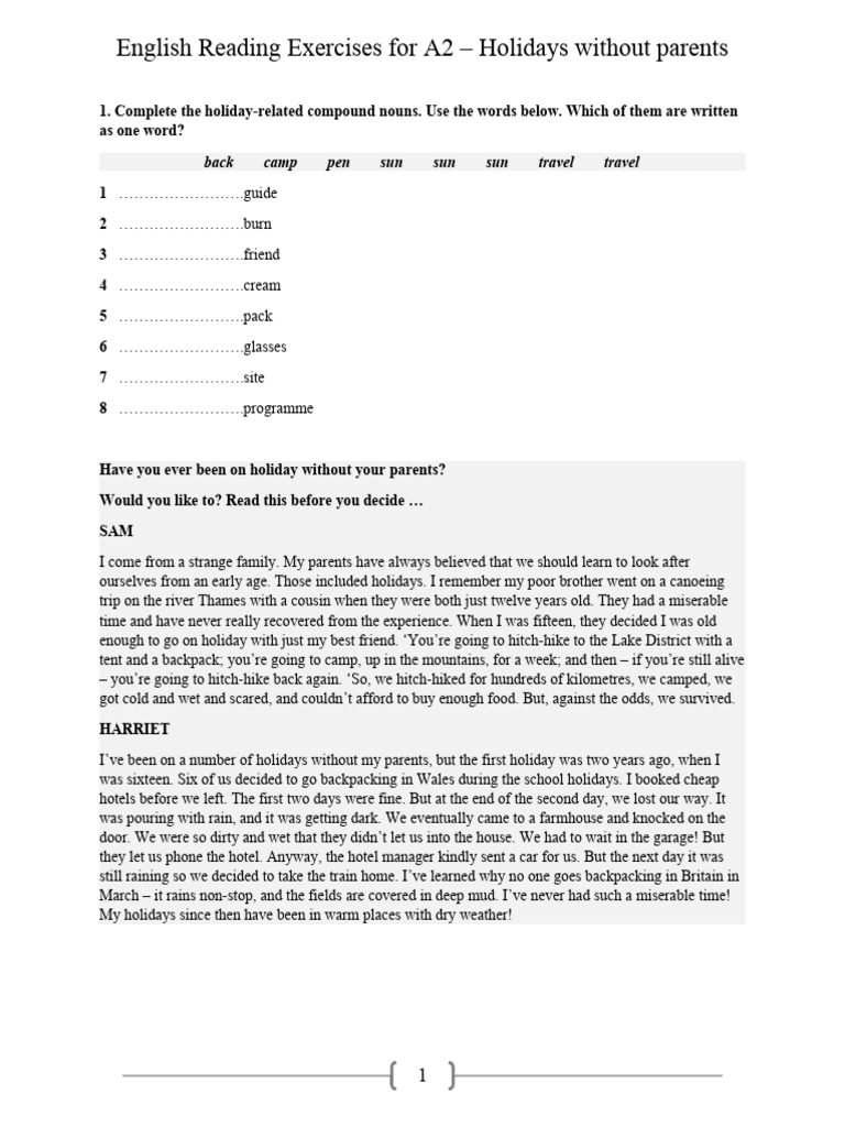 English Reading Exercises For A2 - Holidays Without Parents | PDF