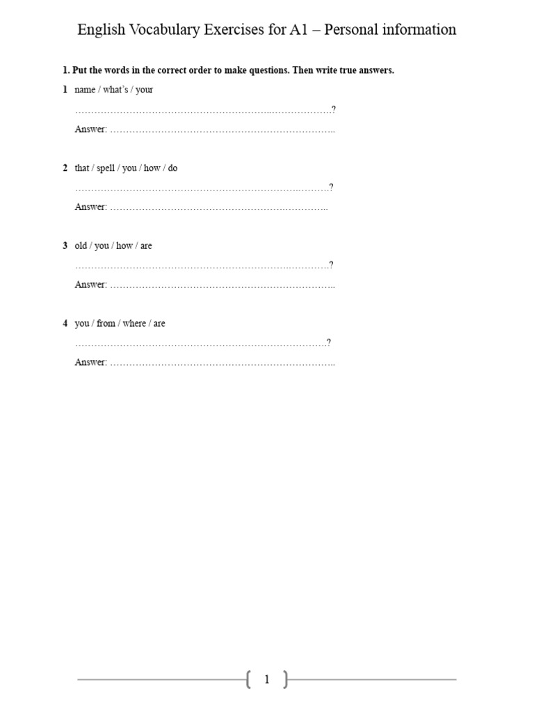 English Vocabulary Exercises For A1 - Personal Information | PDF