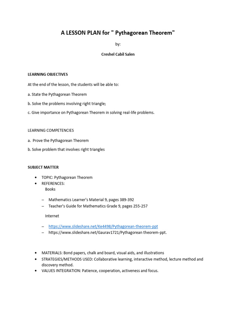 A LESSON PLAN For Pythagorean Theorem | PDF | Mathematics | Elementary ...