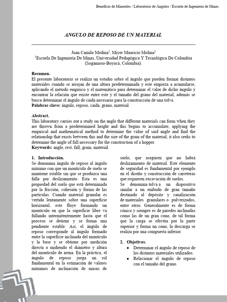 Angulo de Reposo de Un Material | Descargar gratis PDF | Ciencias fisicas