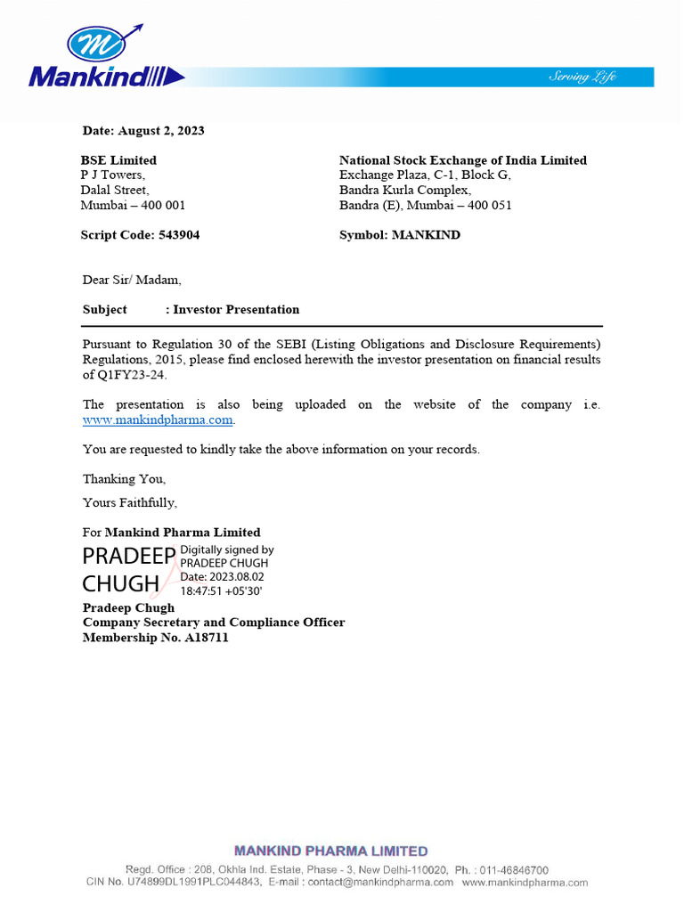 Mankind Pharma Q1FY24 Investor Presentation | PDF | Equity (Finance ...