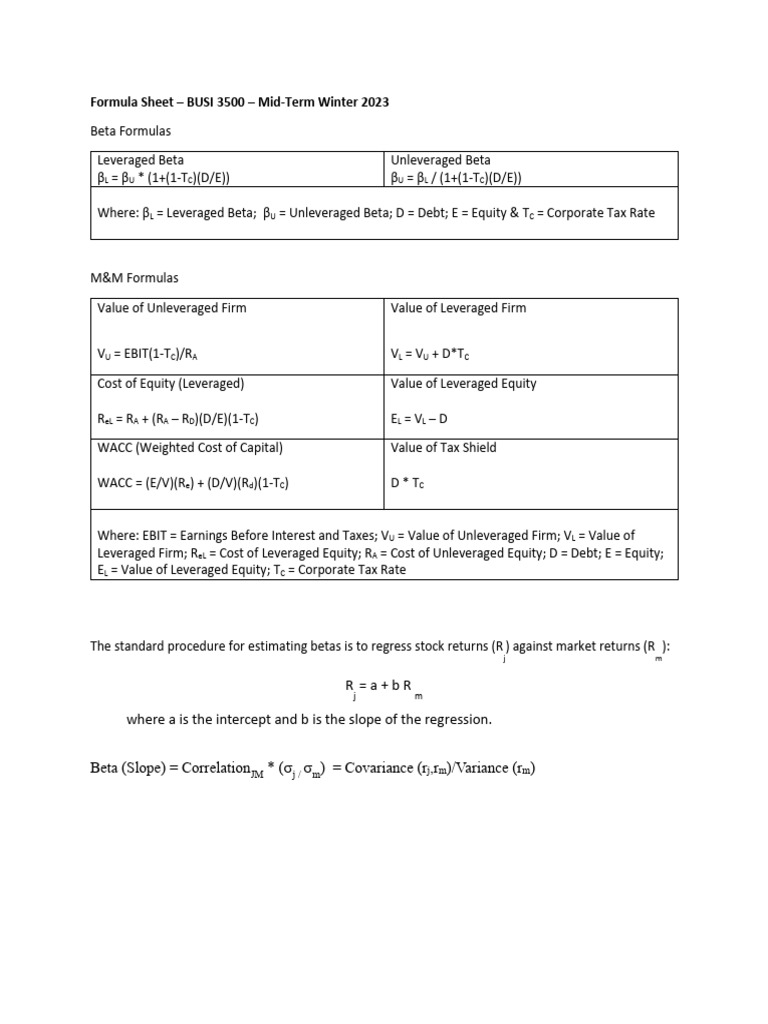 Formula Sheet Mid-Term BUSI 3500 | PDF