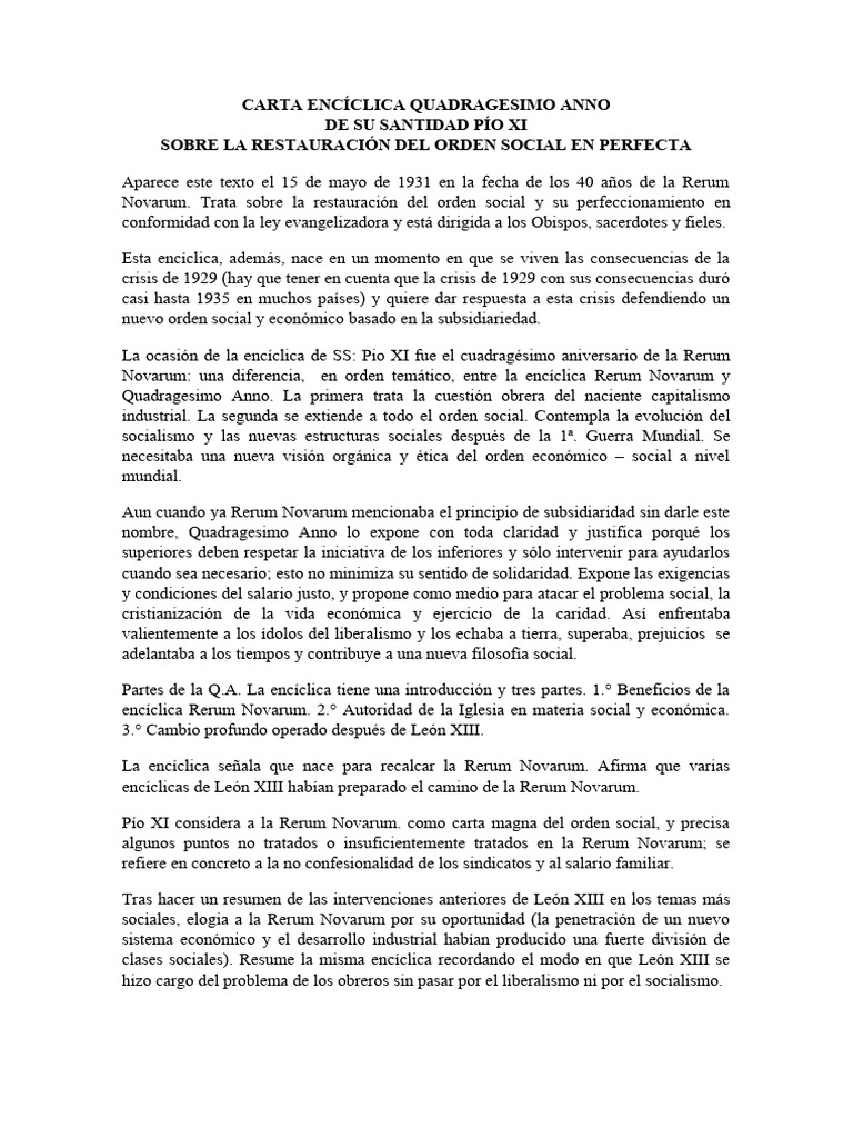 Encíclica Quadragesimo Anno: Orden Social | PDF | Teorías políticas ...