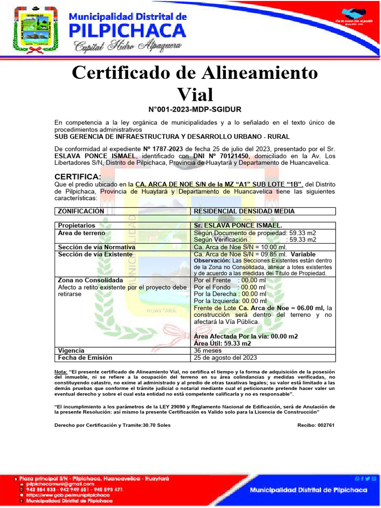 N°001-Certificado de Alineamiento de Vias ISMAEL ESLAVA PONCE | PDF ... N°001-Certificado de Alineamiento de Vias ISMAEL ESLAVA PONCE | PDF ...