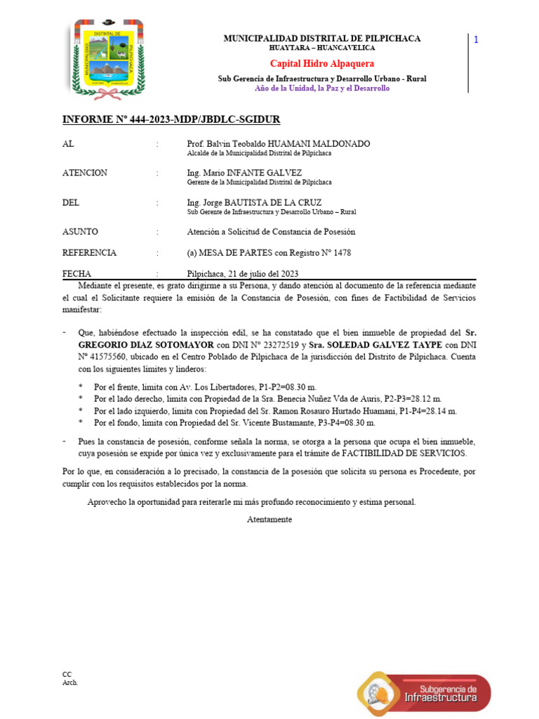 Informe #444 Solicitud de Constancia de Posecion (Instalaciones de Servicios Basicos) Gregorio ...