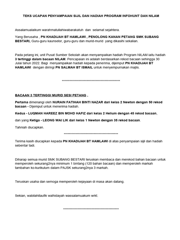 Teks Ucapan Nilam 2022 Pdf