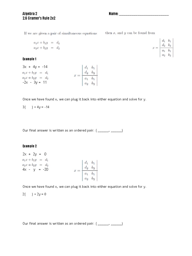 Cramer's Rule: 2x2 System Examples | PDF
