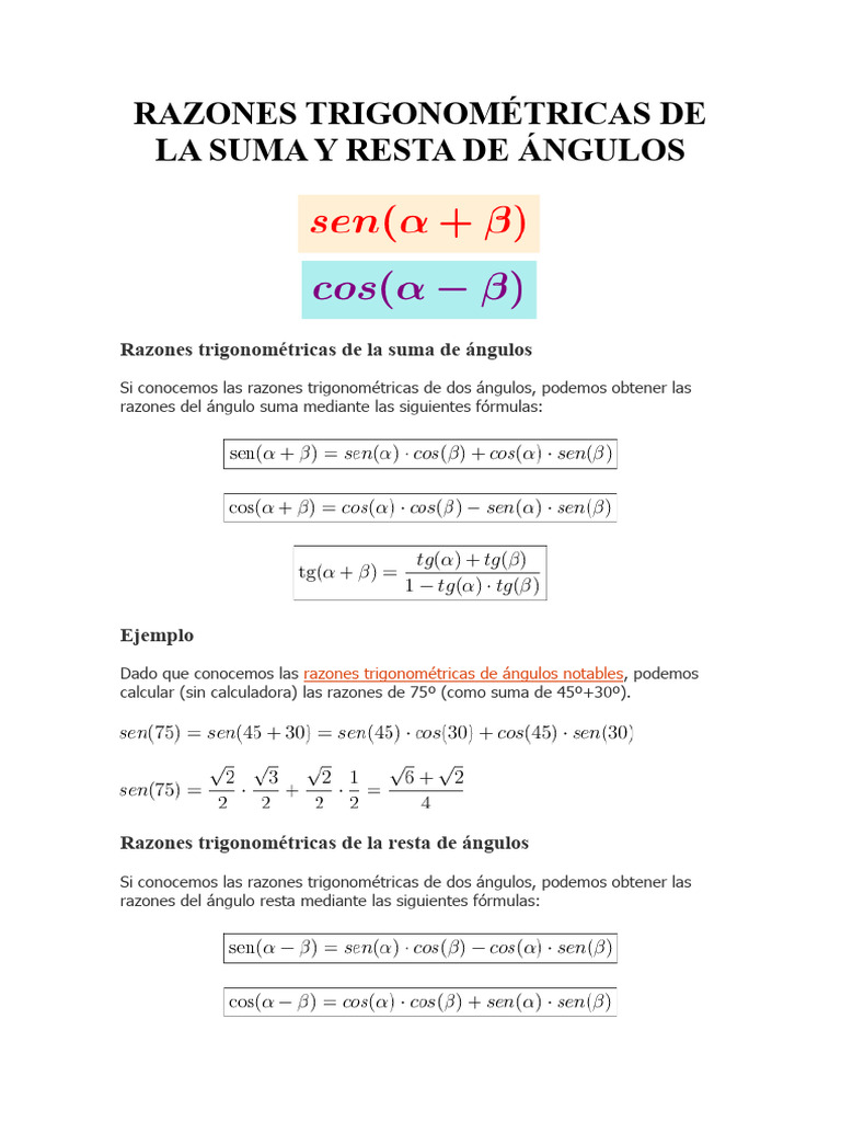 Suma y Resta de Ángulos | PDF | Trigonometría | Funciones trigonométricas