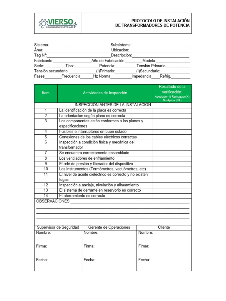 Protocolo de Instalacion de Transformadores | PDF | Transformador | Bienes manufacturados