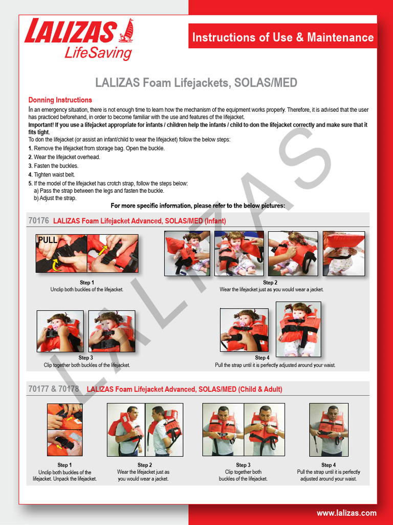 Instructions of Use Maintenance LALIZAS SOLAS-MED FOAM Lifejackets EN | PDF | Equipment ...